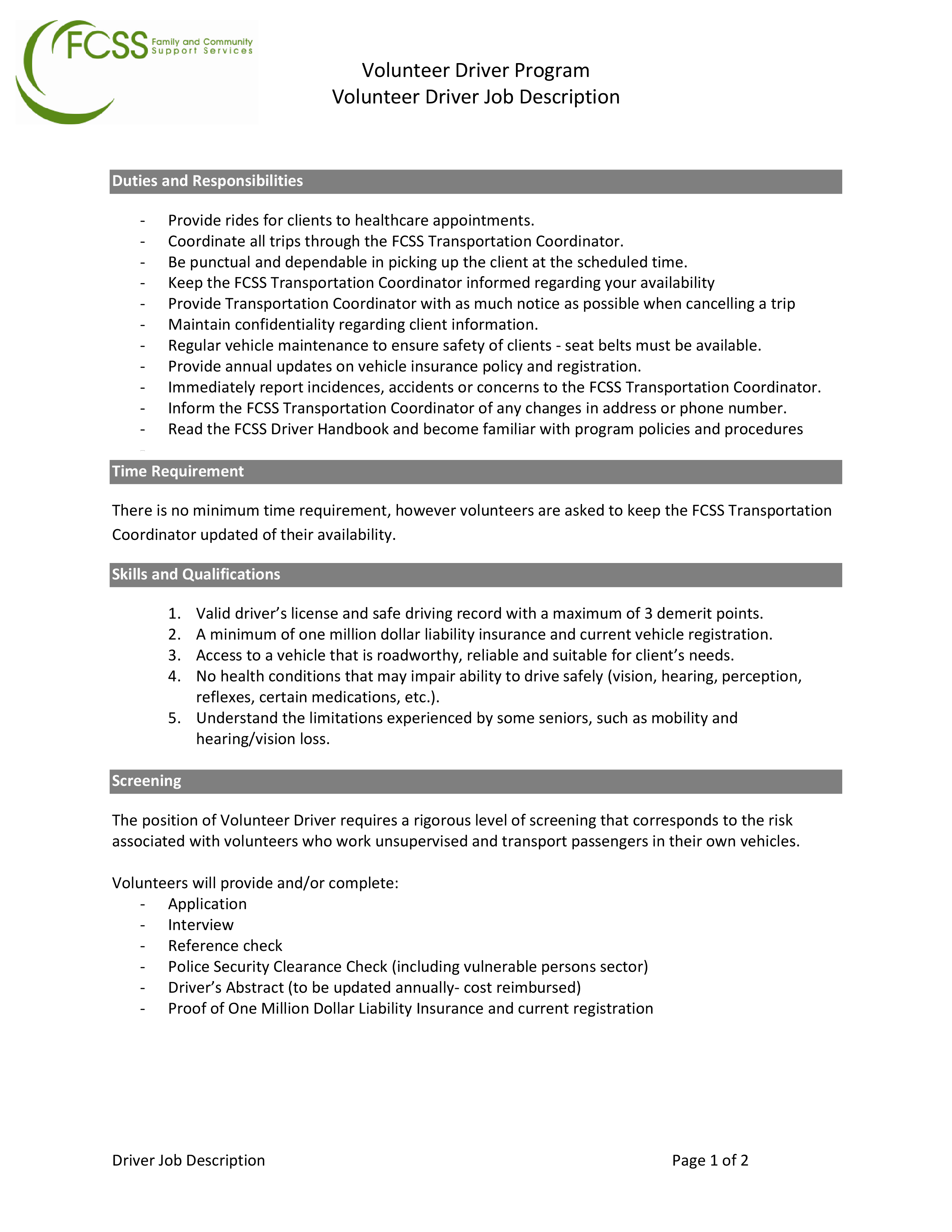 Volunteer Driver Job Description Templates At Allbusinesstemplates
