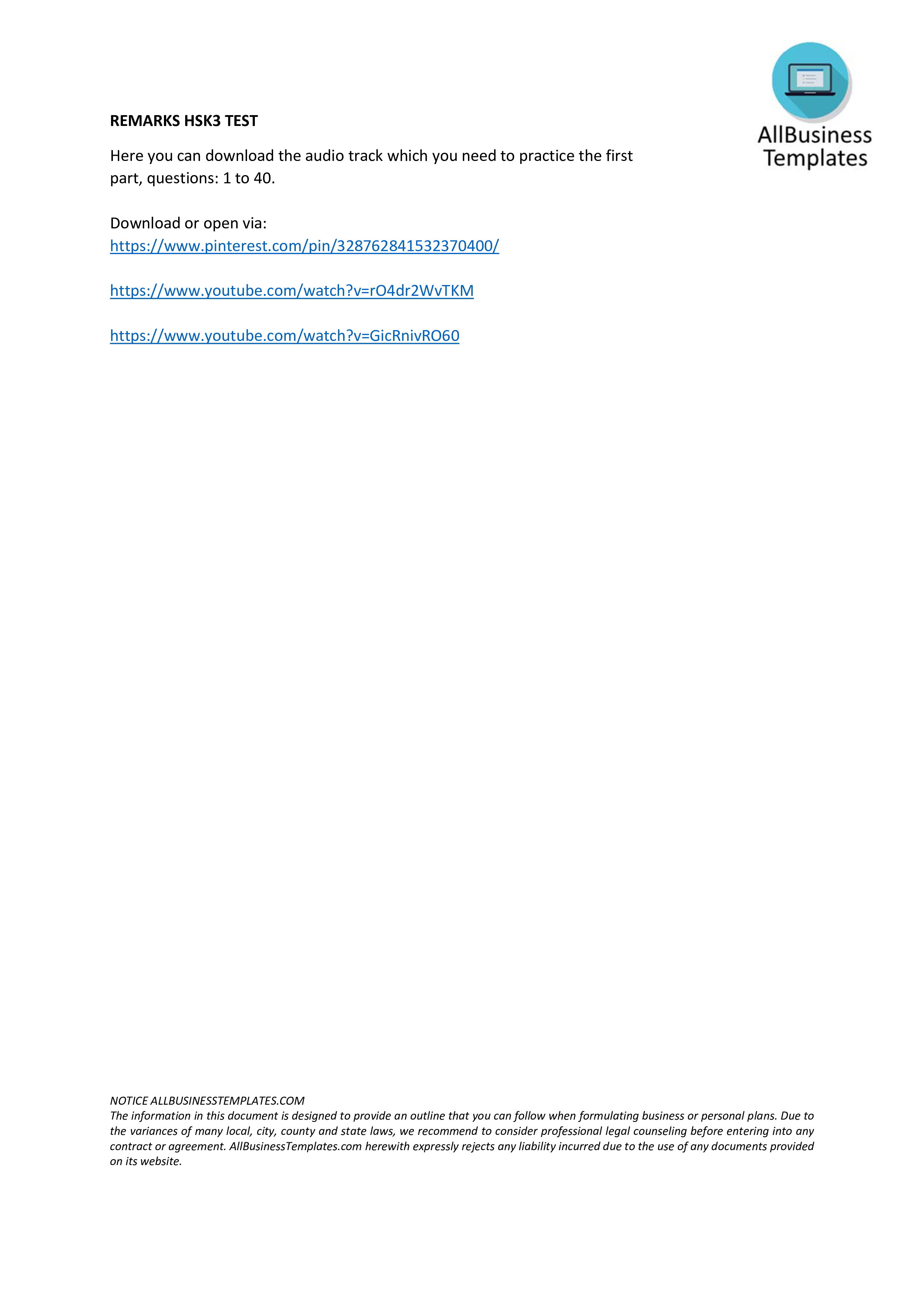 HSK 3 H31001 Exam | Templates at allbusinesstemplates.com