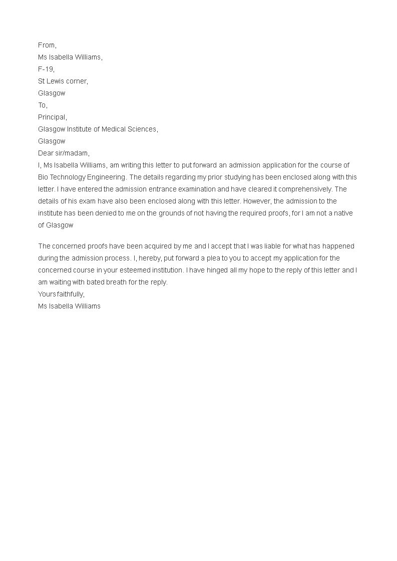 Kostenloses College Application Letter template