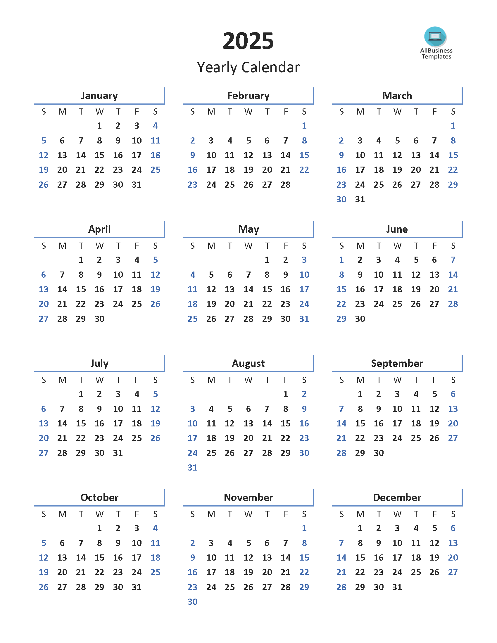Annual Calendar Portrait in Excel | Templates at allbusinesstemplates.com