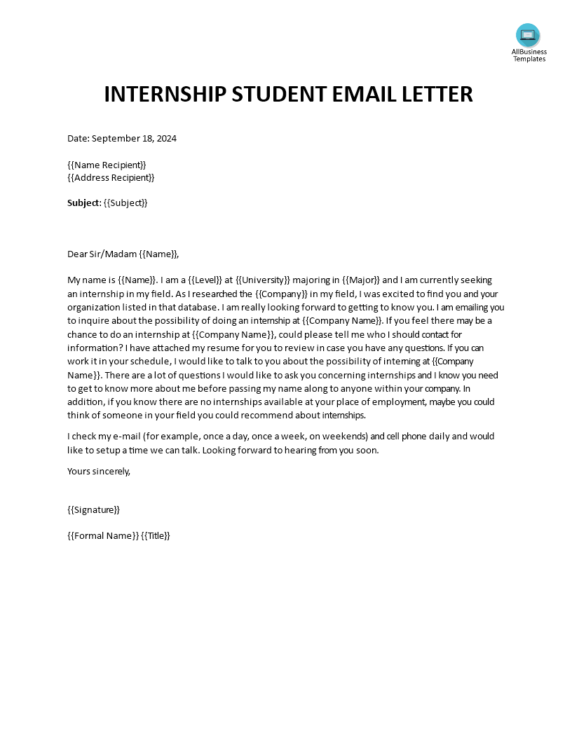 Internship Student Email Letter | Templates at allbusinesstemplates.com