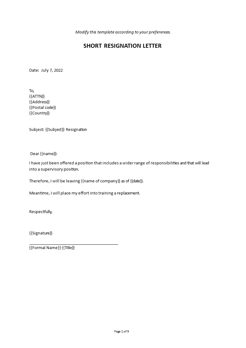 Kostenloses Korte Ontslag Brief