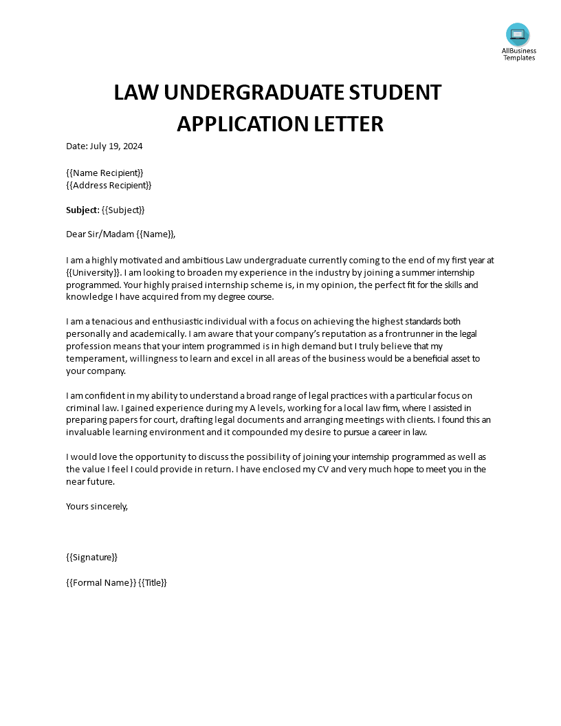 Law Undergraduate Student Application letter | Templates at ...