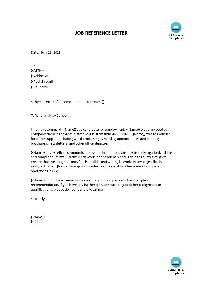Generic Employment Reference letter | Templates at allbusinesstemplates.com