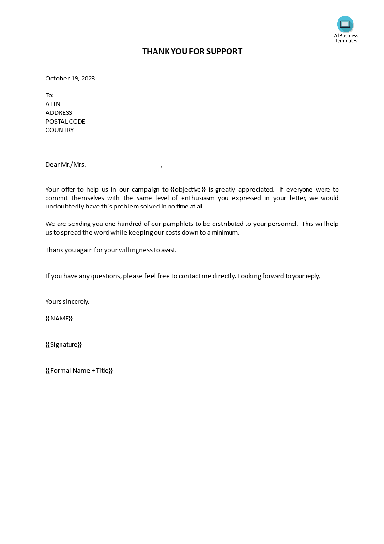 Thanks for your Support Letter | Templates at allbusinesstemplates.com