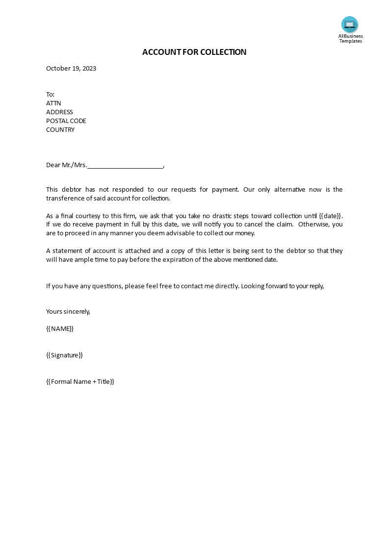 高级 Account For Collection Letter | 样本文件在 allbusinesstemplates.com