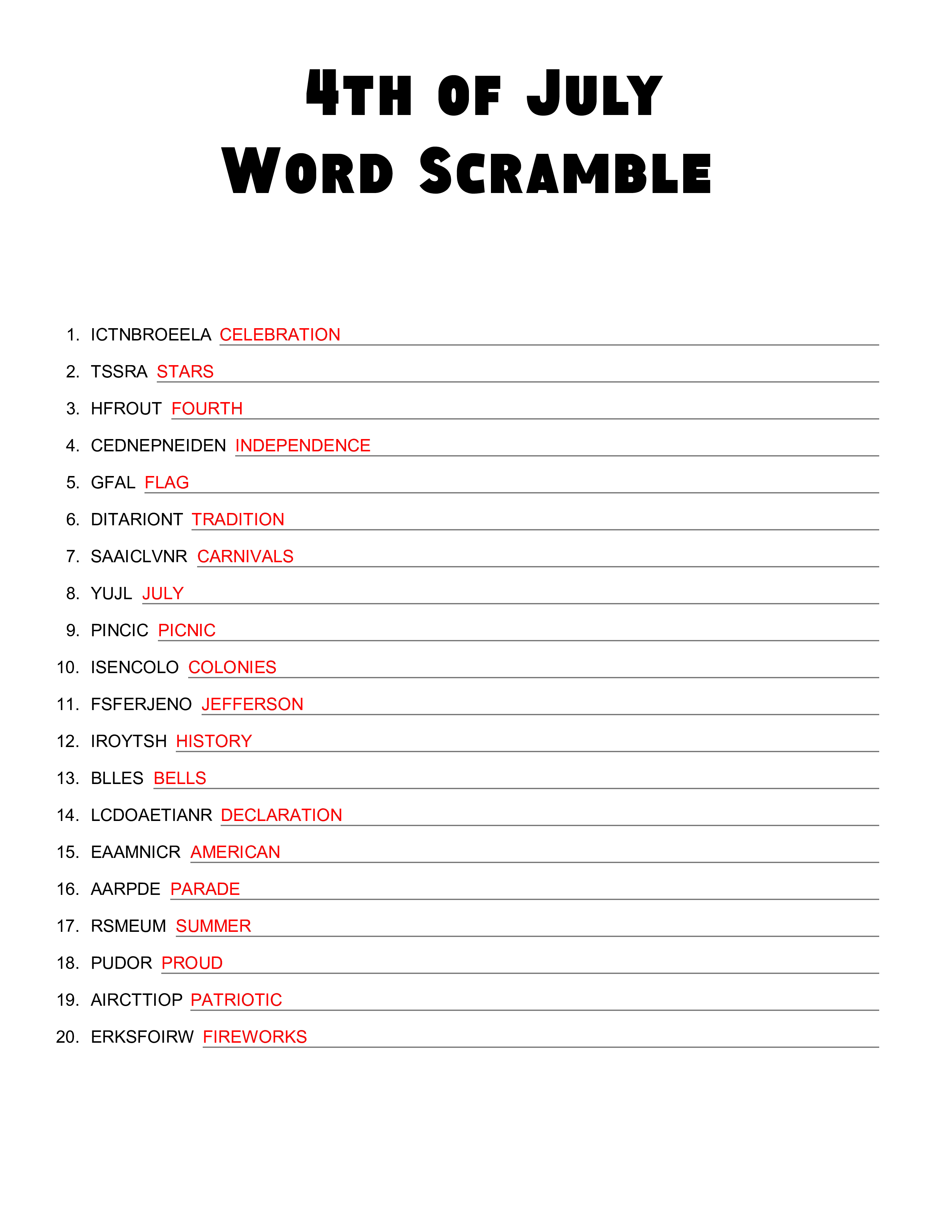免费 4Th Of July Word Scramble | 样本文件在 allbusinesstemplates.com