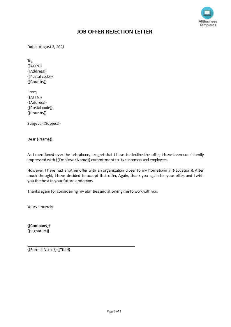Gratis Job Offer Rejection Letter gratis-job-offer-rejection-letter