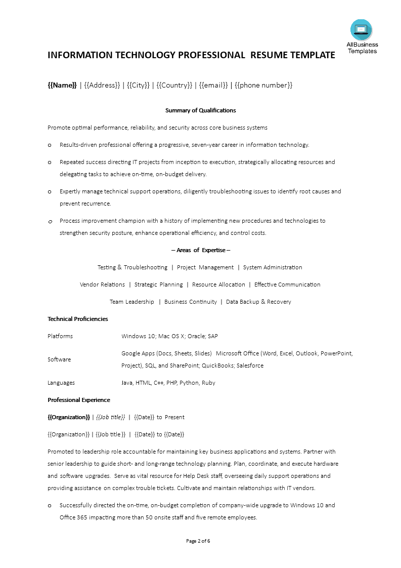 Sample IT Resume | Templates at allbusinesstemplates.com