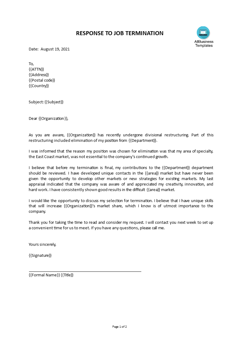 Response to Job Termination Letter | Templates at allbusinesstemplates.com
