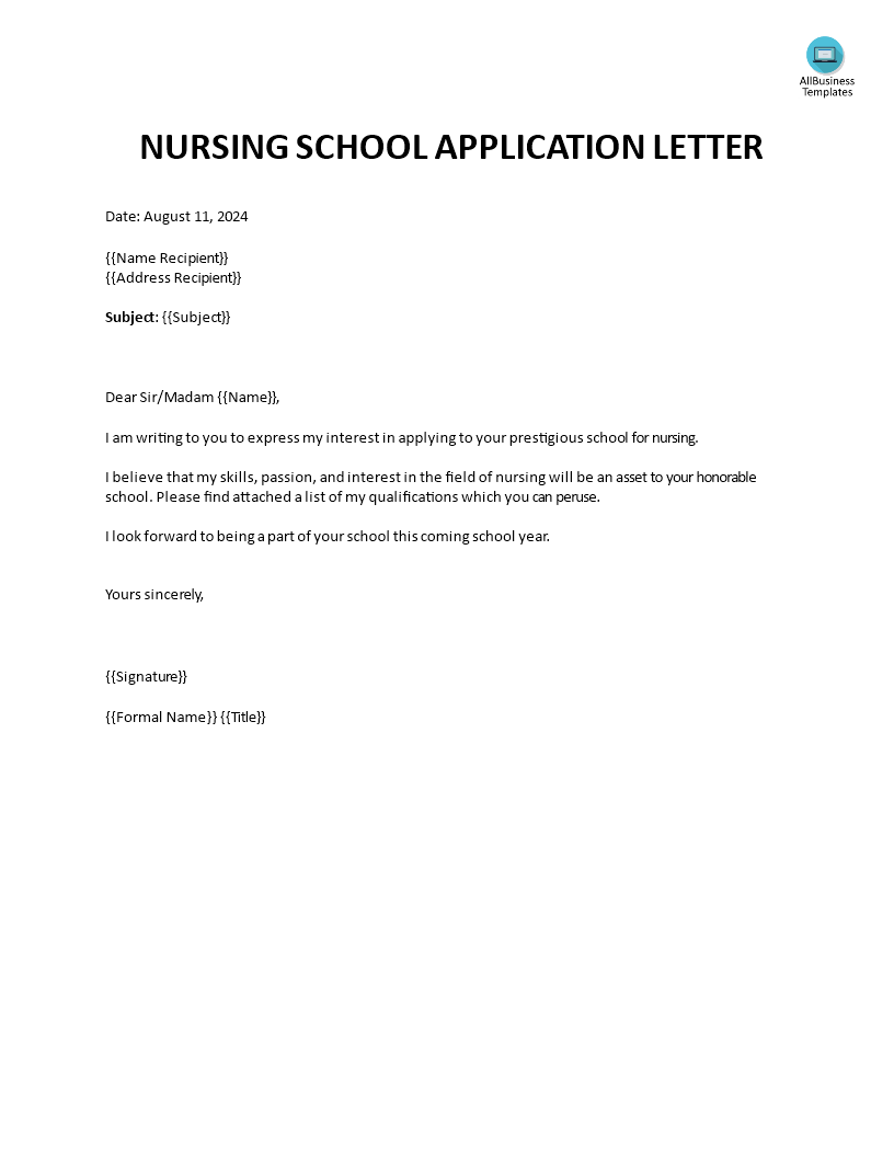 Nursing School Application Letter | Templates at allbusinesstemplates.com
