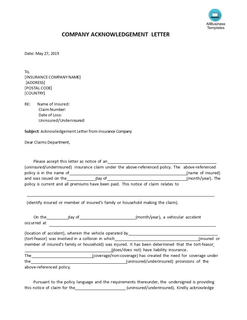 Acknowledgement Letter From Insurance Company Templates At