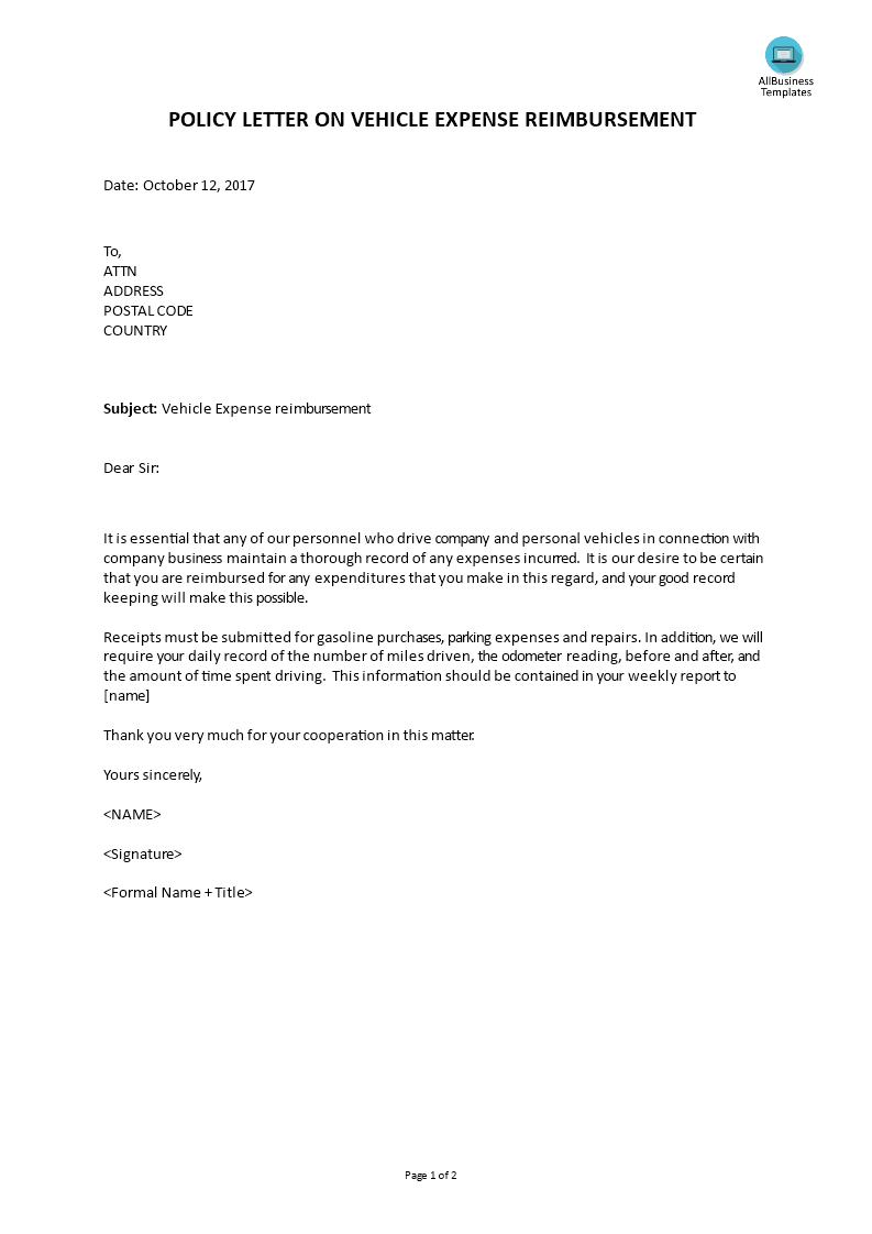 Vehicle Expense Reimbursement Policy Letter Templates At