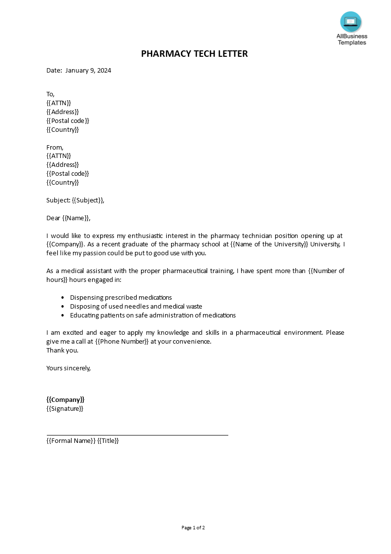 Pharmacy Tech Letter | Templates at allbusinesstemplates.com