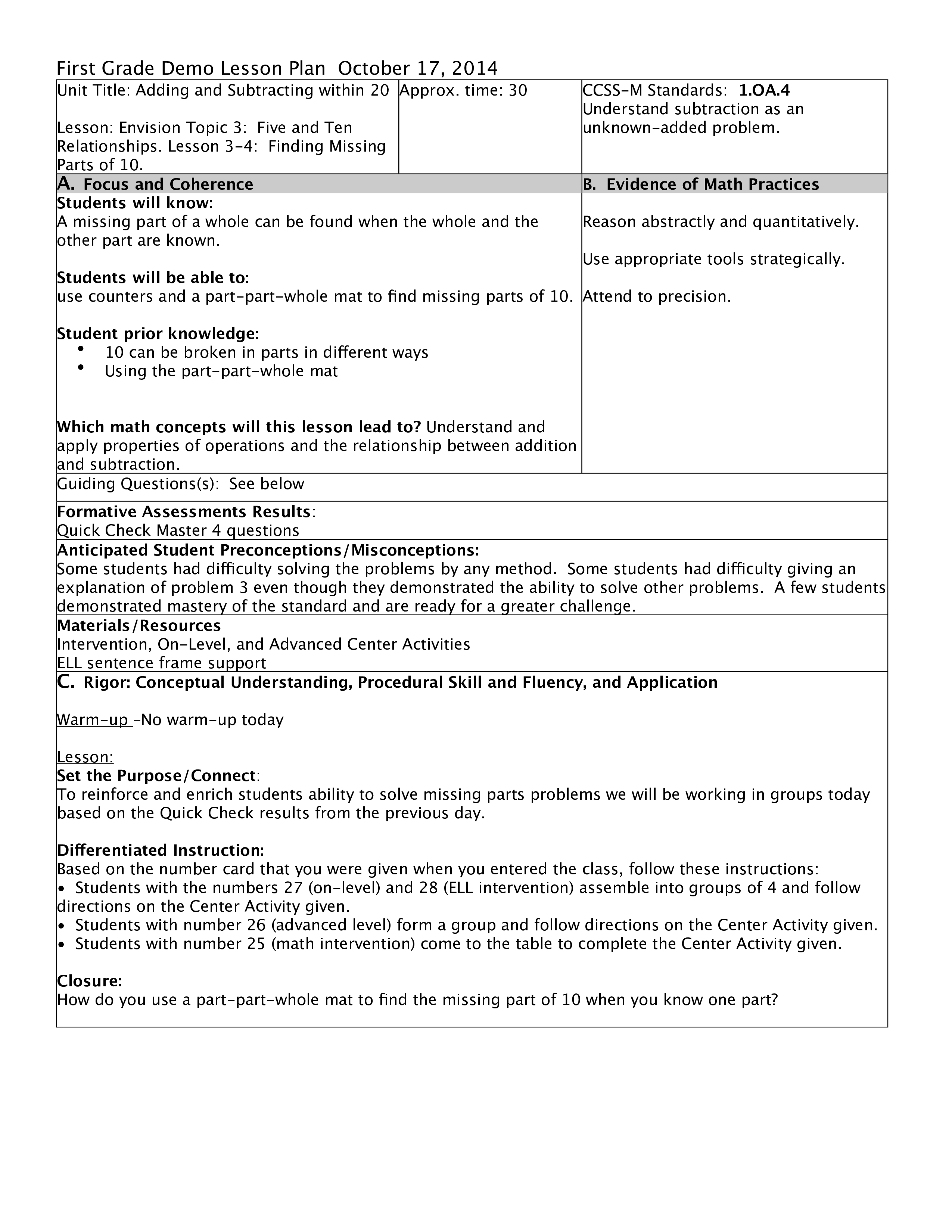 First Grade Math Lesson Plan Templates At Allbusinesstemplates