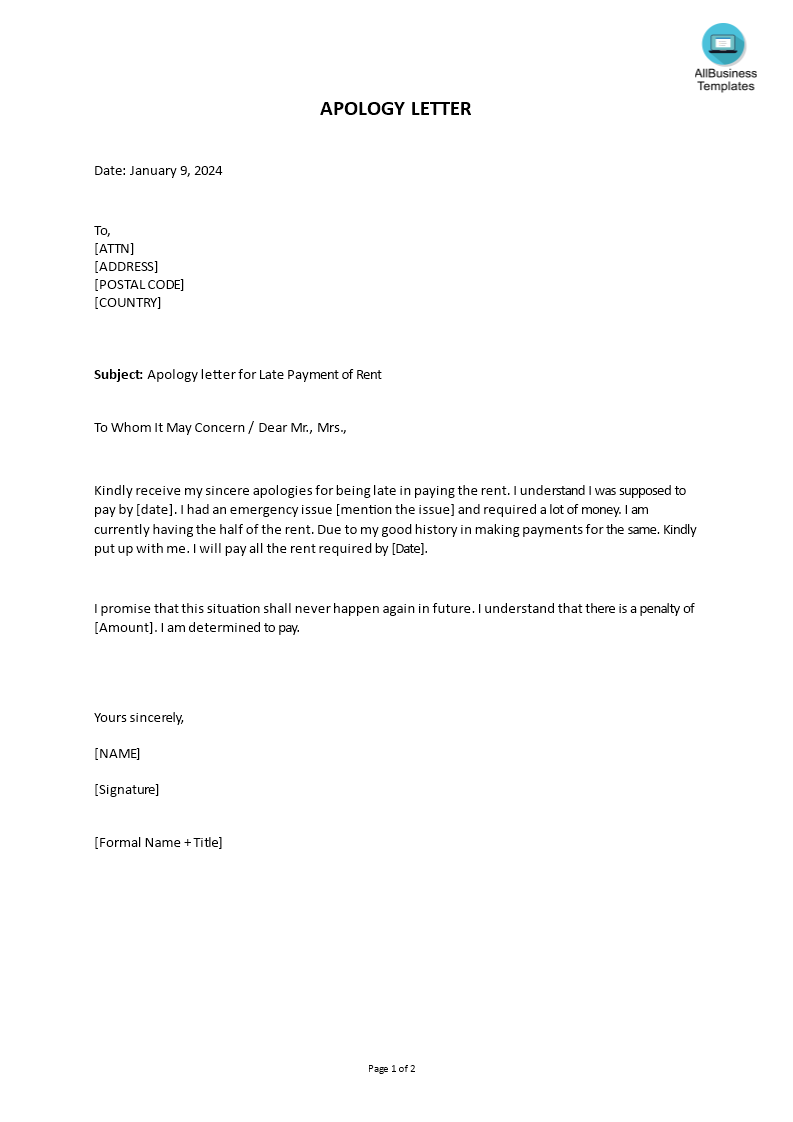 Apology Letter For Late Payment Of Rent Templates At 2673