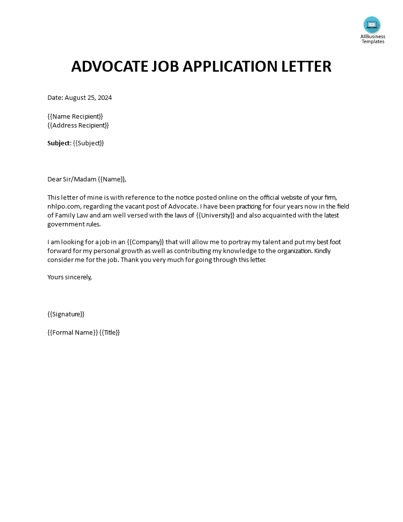 Advocate Job Application Letter | Templates at allbusinesstemplates.com
