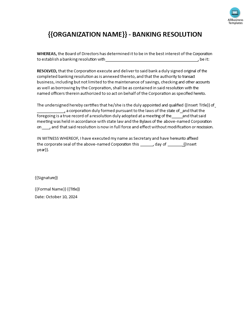 Banking Resolution | Templates at allbusinesstemplates.com