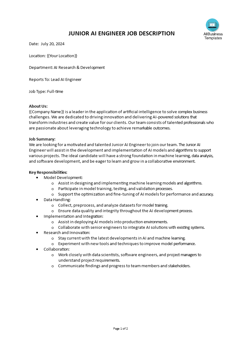 Junior AI Engineer Job Description | Templates at allbusinesstemplates.com