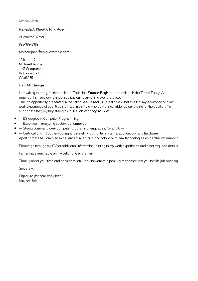 Format For Job Application Letter