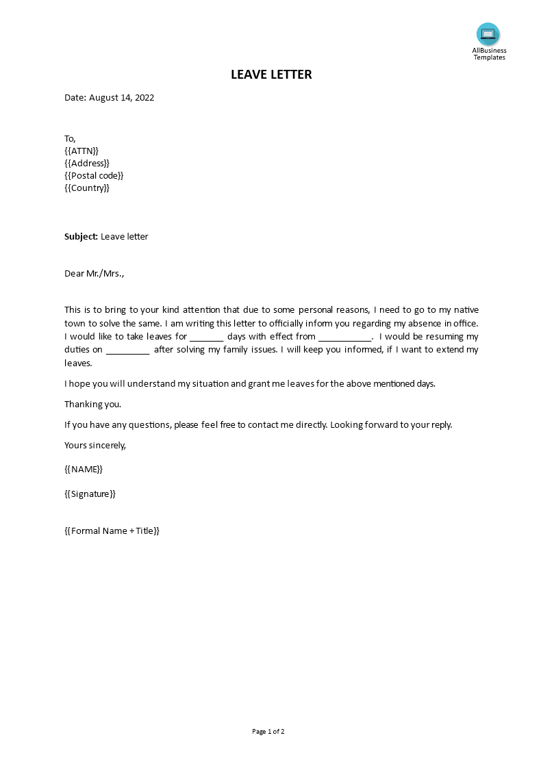 Leave Letter Writing Tips | Templates at allbusinesstemplates.com