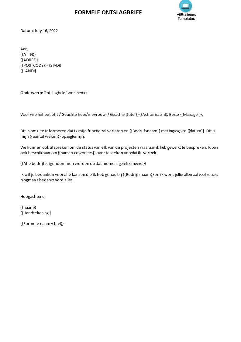Gratis Professionele Ontslagbrief Template