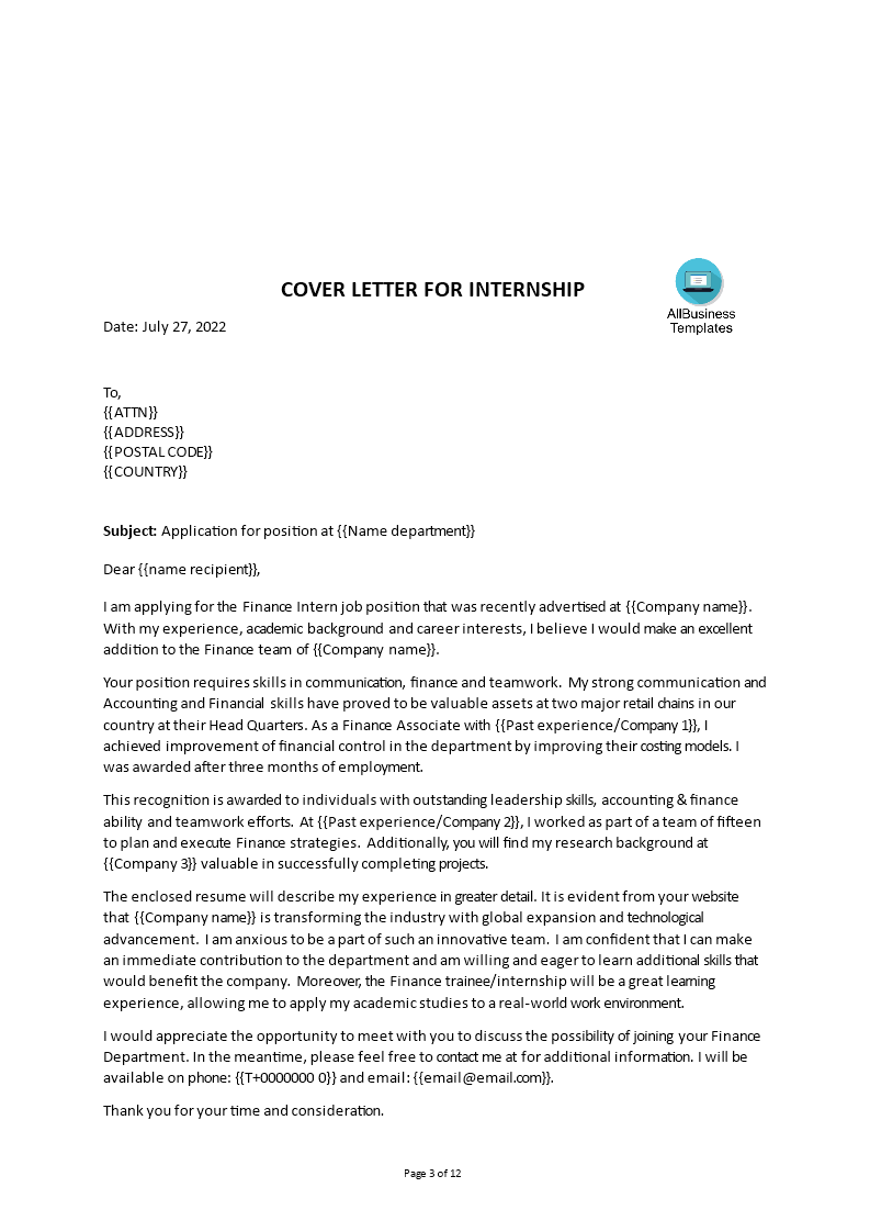 Sales Internship cover letter | Templates at allbusinesstemplates.com