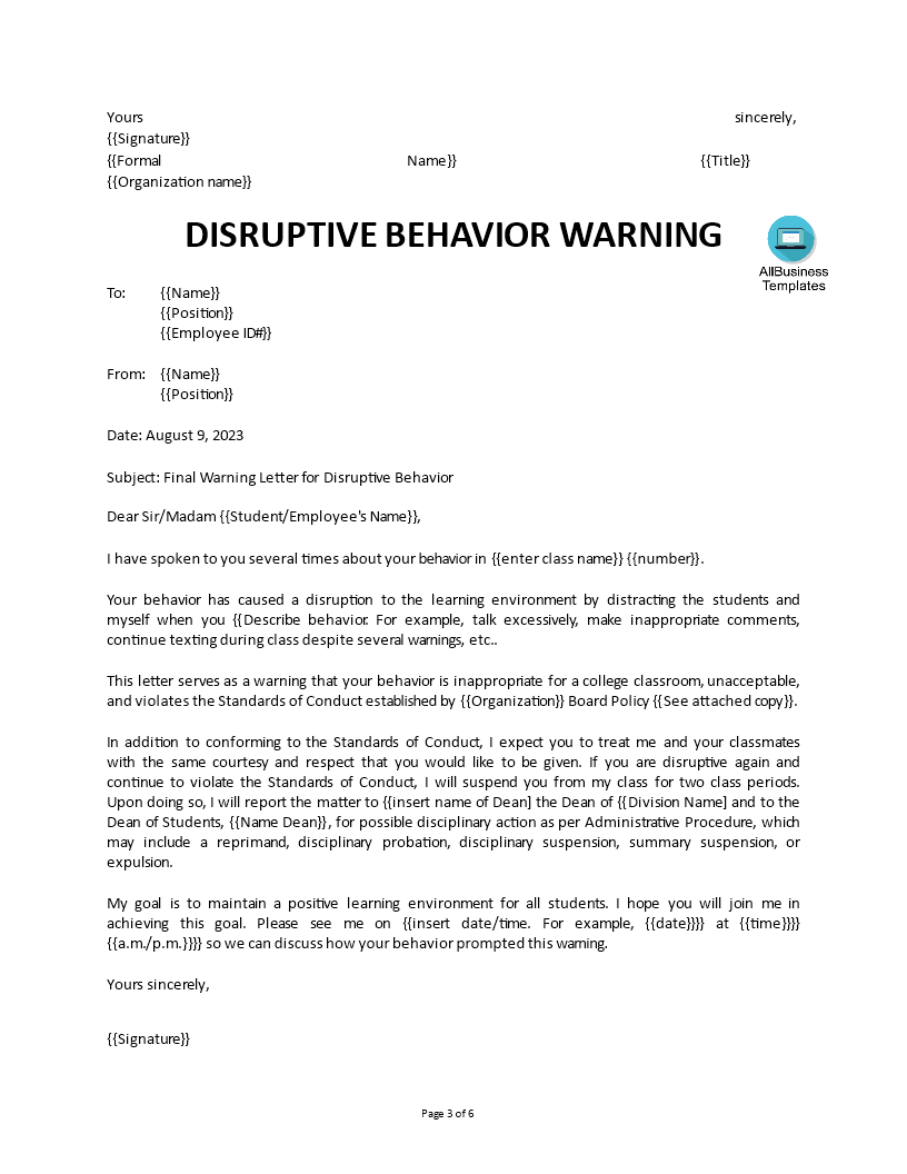 Student Conduct Warning Letter | Templates at allbusinesstemplates.com