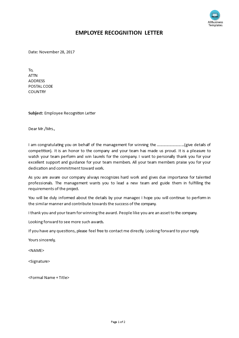Employee Recognition Letter Templates At Allbusinesstemplates