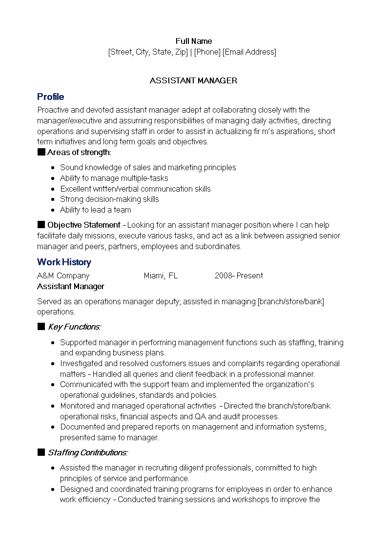 Sales Assistant Manager Resume Templates At Allbusinesstemplates