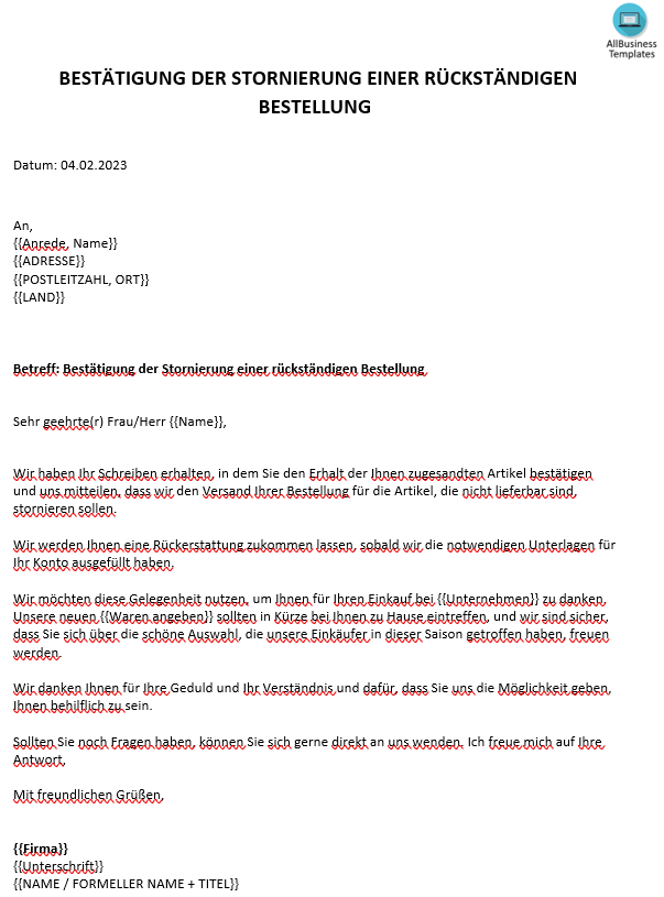 免费 Stornierung einer Bestellung Schreiben | 样本文件在 allbusinesstemplates.com