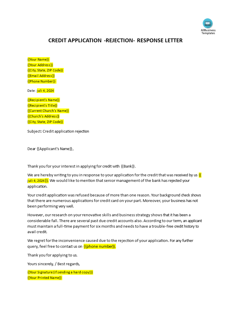 Denial Business Credit Letter | Templates at allbusinesstemplates.com