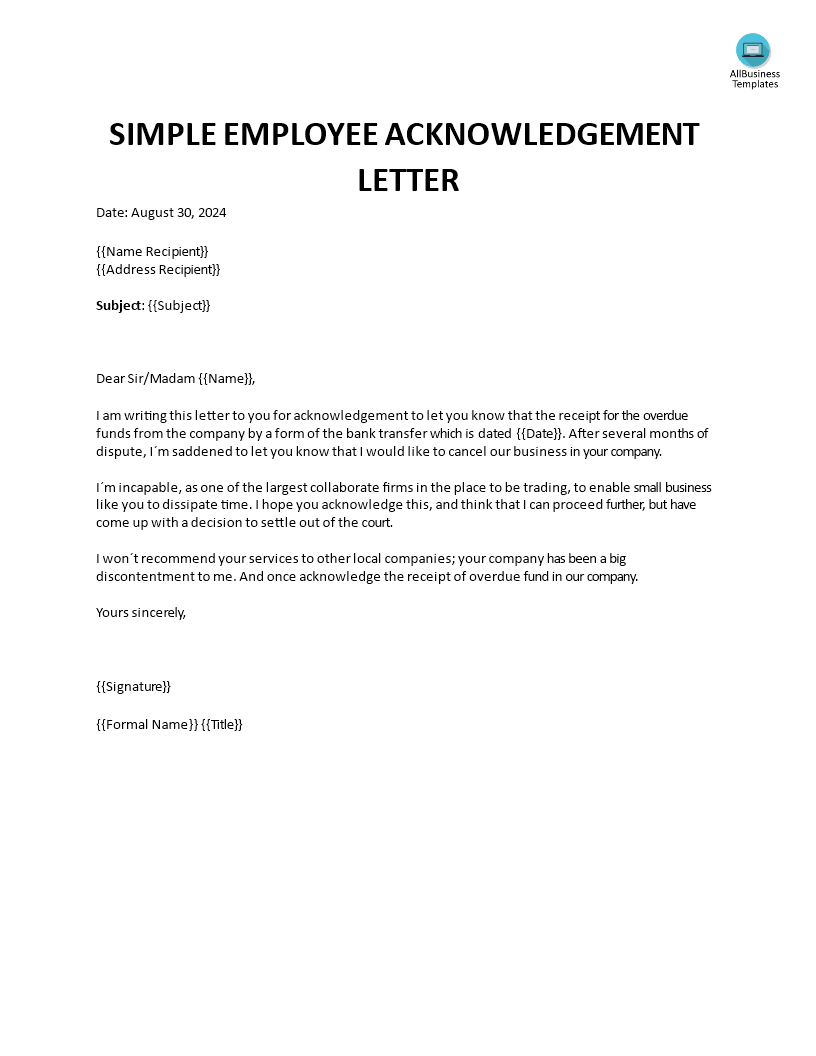 Simple Employee Acknowledgement Letter | Templates at ...