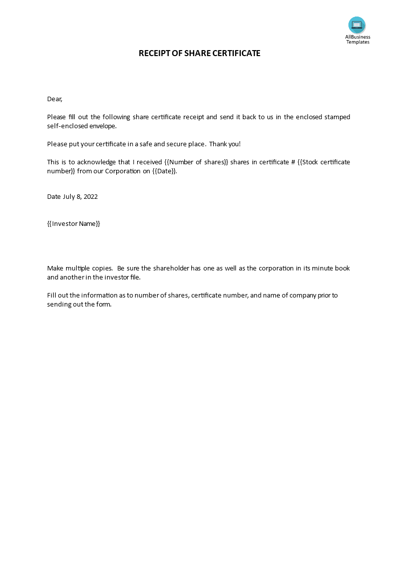 Receipt of Share Certificate | Templates at allbusinesstemplates.com