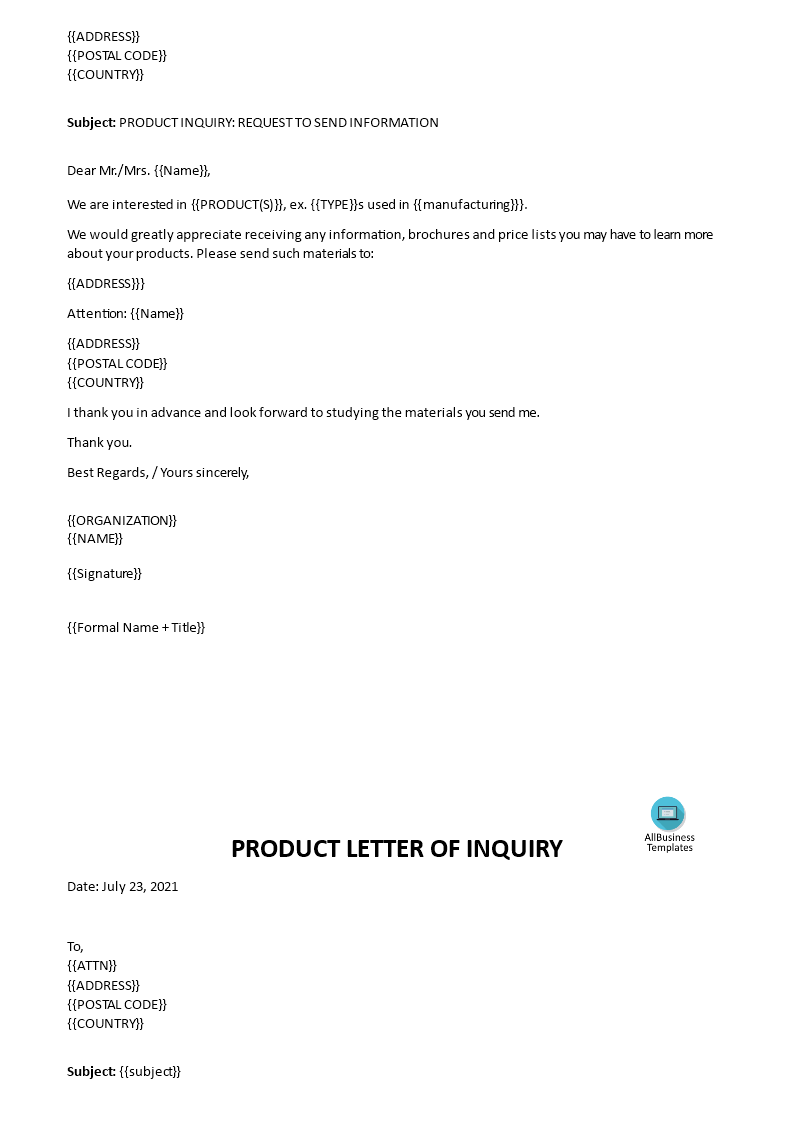 Sales Inquiry Letter | Templates at allbusinesstemplates.com