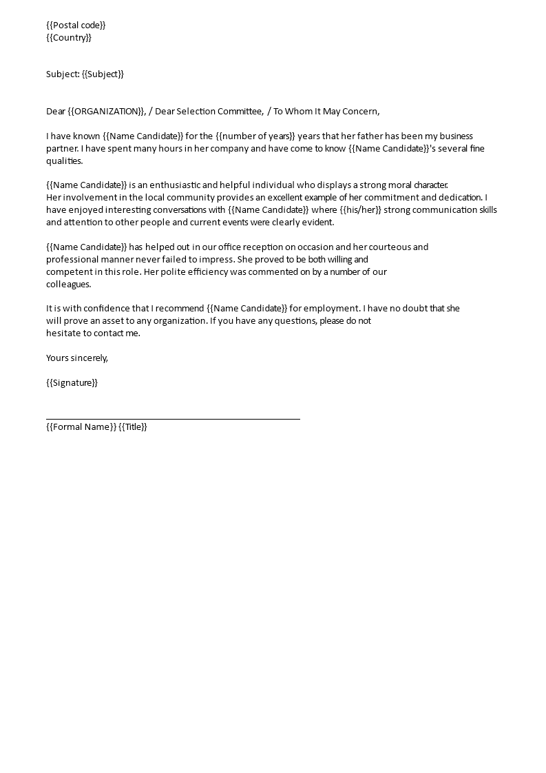 Gratis Karakter Referentie Brief voorbeeld