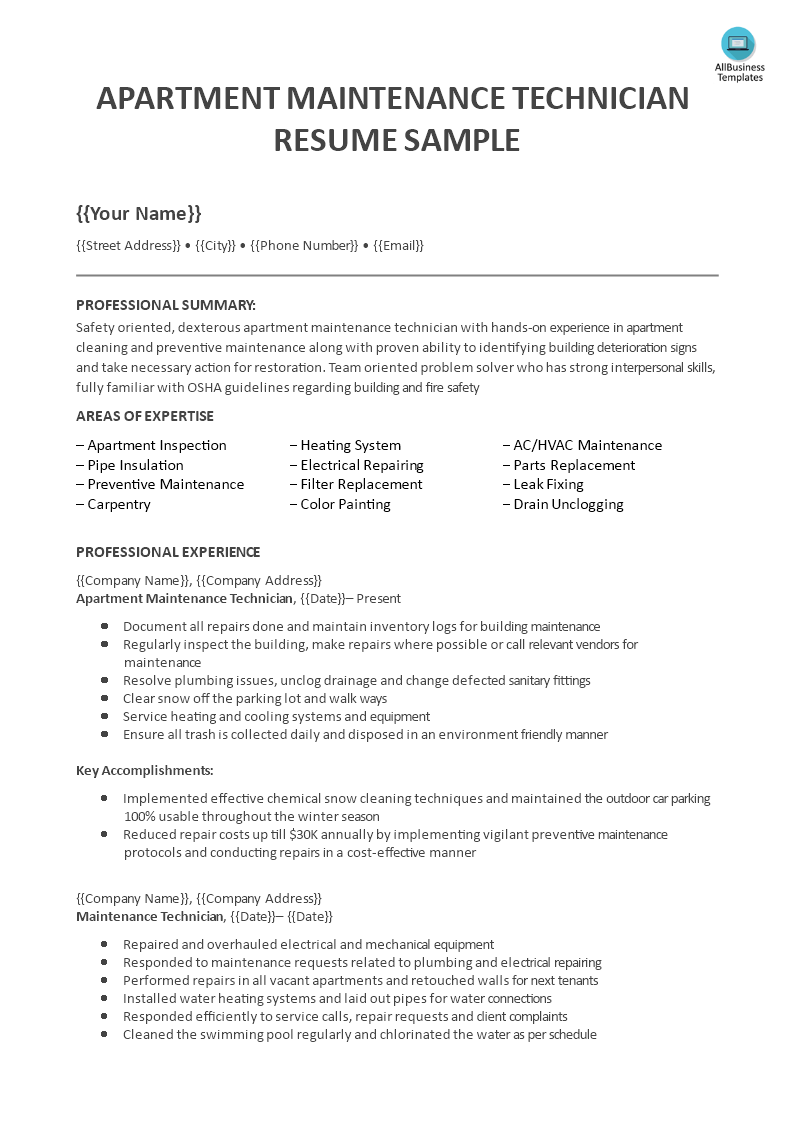 Apartment Maintenance Resume | Templates at allbusinesstemplates.com