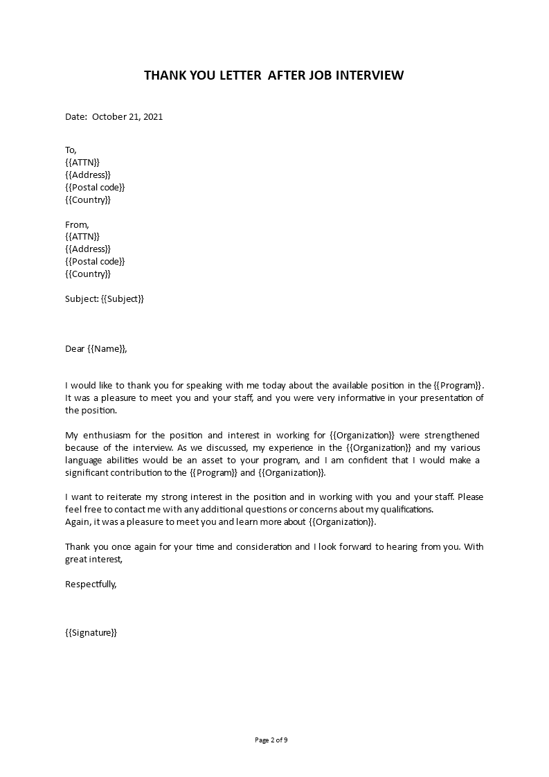 Thank You Letter After Job Interview | Templates at ...
