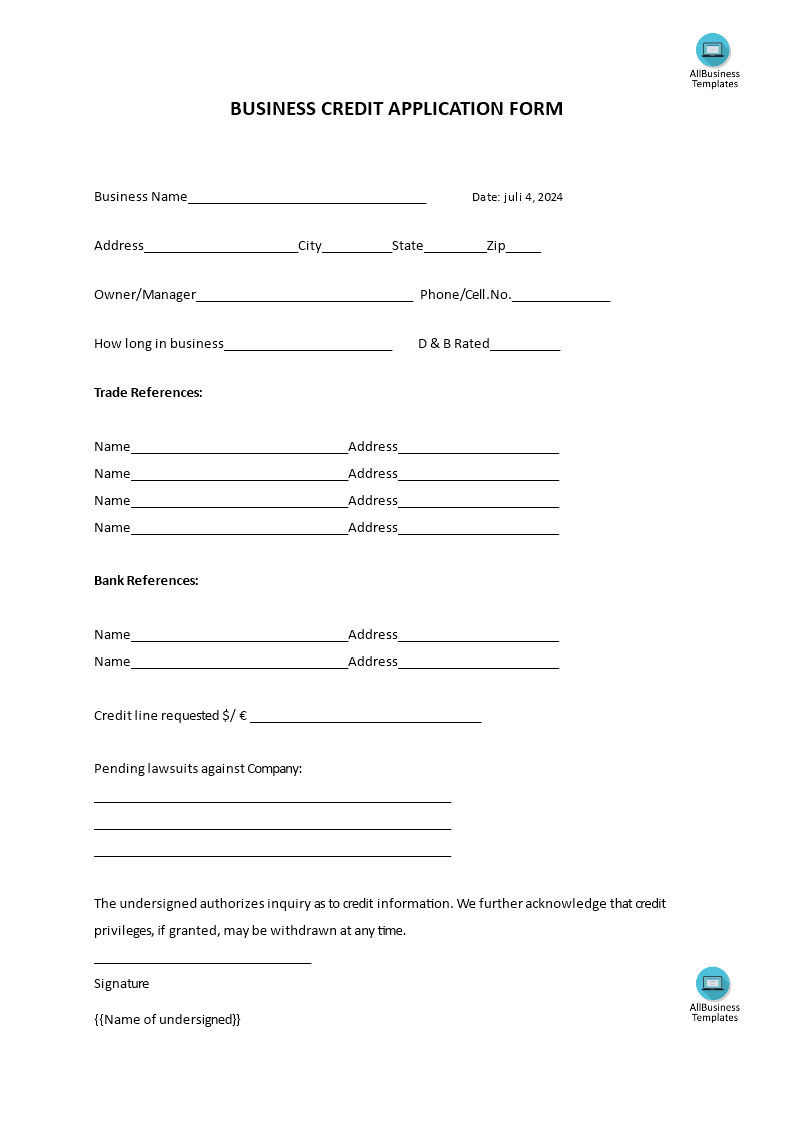 Business Credit Application Form | Templates at allbusinesstemplates.com