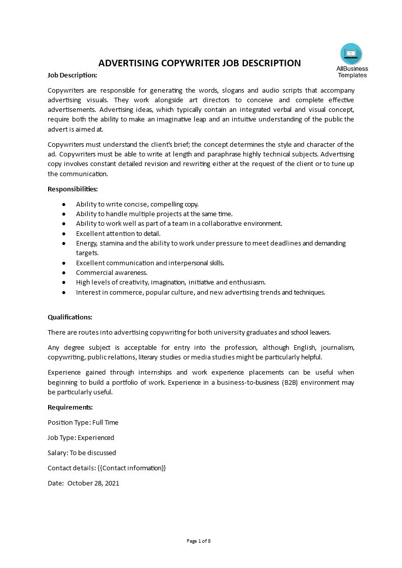 Advertising Copywriter Job Description | Templates at ...