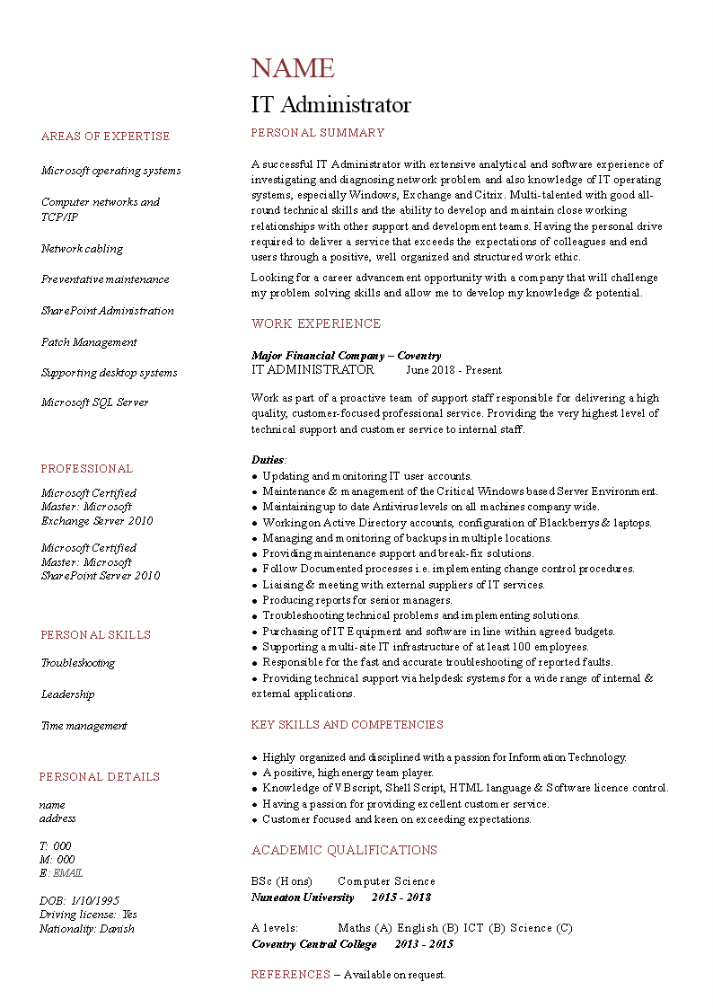 IT Administrator Resume | Templates at allbusinesstemplates.com