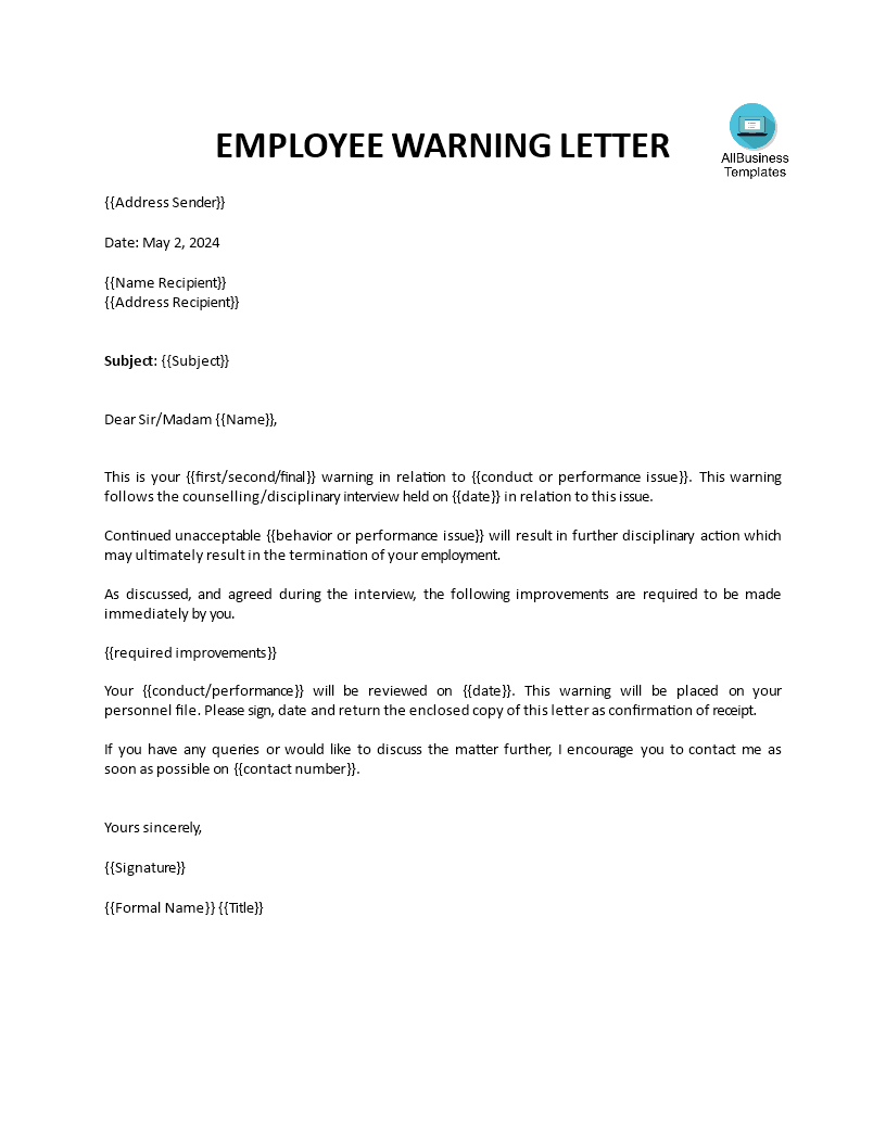 免费 Employment Warning Letter Sample | 样本文件在 allbusinesstemplates.com