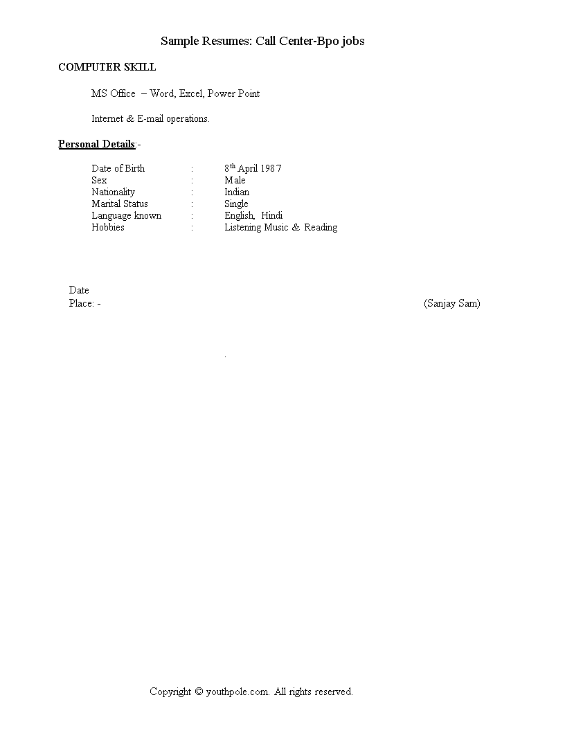 CallCenter BPO Resume Template | Templates at allbusinesstemplates.com