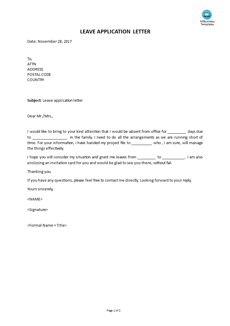 Leave Application Letter Templates At Allbusinesstemplates