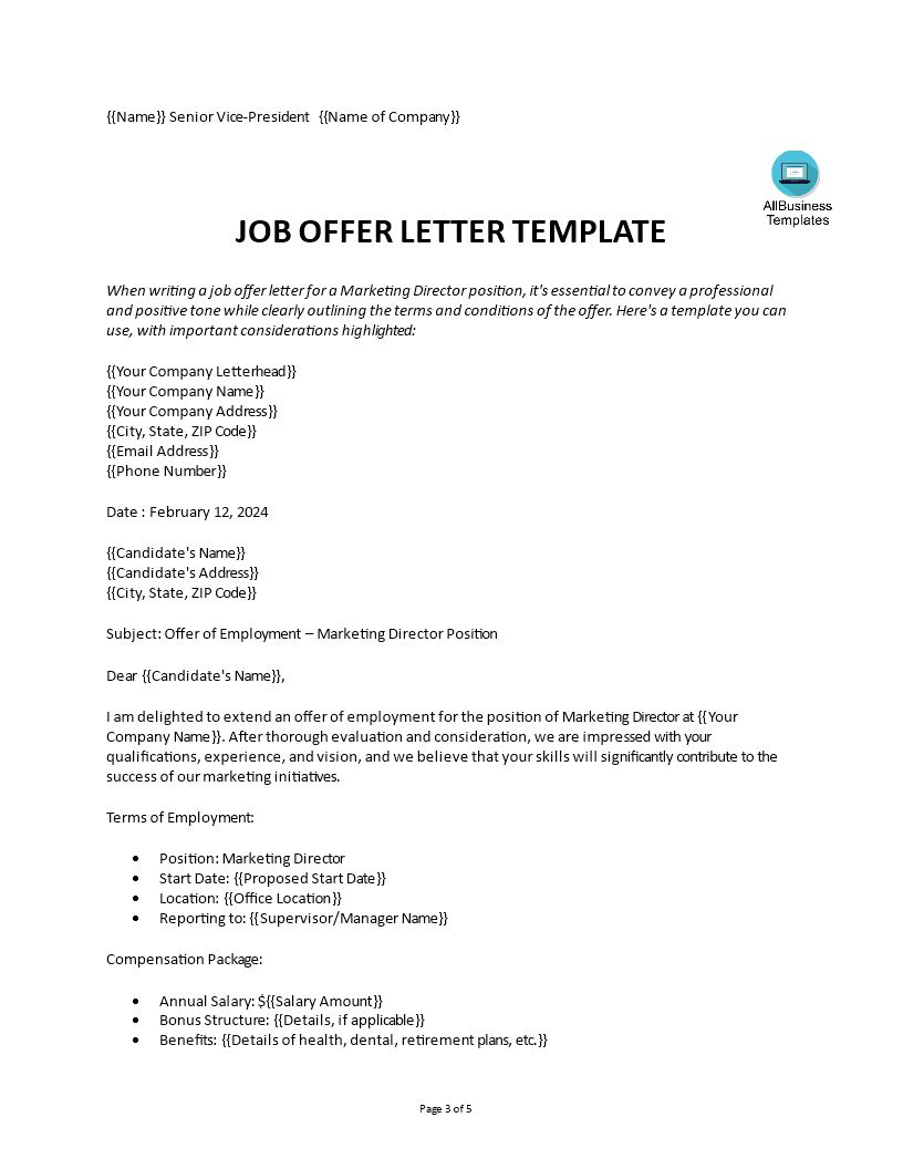 Job offer letter example | Templates at allbusinesstemplates.com