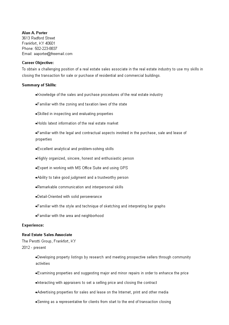 Sales Associate Resume In Real Estate Templates At 