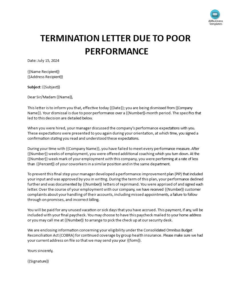Contract Termination Letter template Due to Poor Performance ...