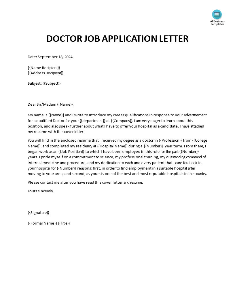 Doctor Job Application Letter response to advertisement | Templates at ...