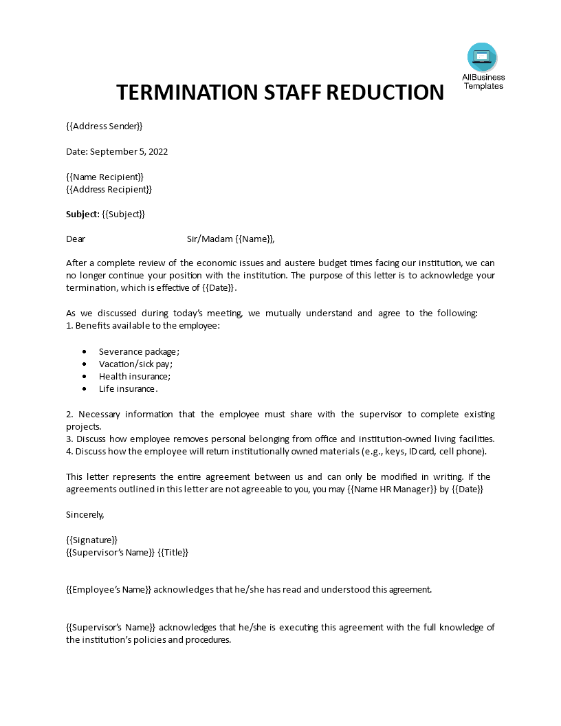 Sample Termination Letter for Staff Reduction Reason | Templates at ...