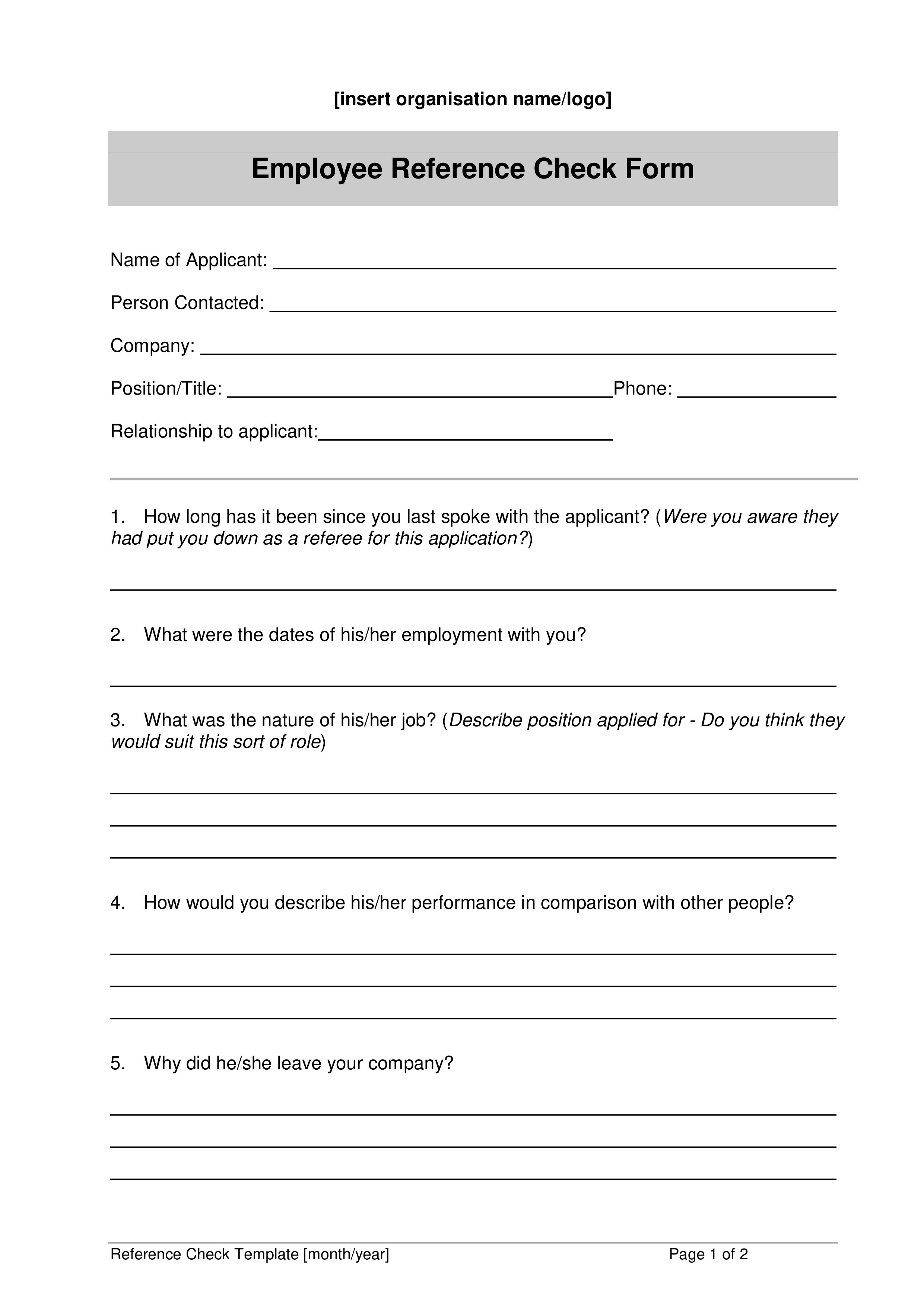 Job Reference Template For Employee PDF Template